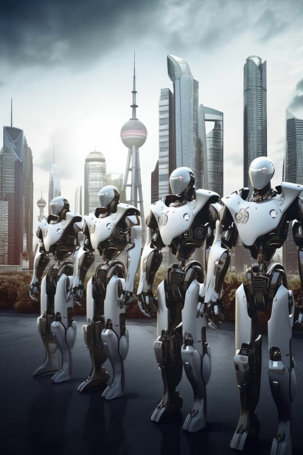 Robots Stand in Line. Neural Network AI Generated Stock Photo - Image ...