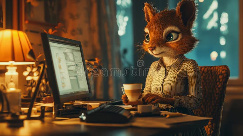 Anthropomorphic Squirrel Working in a Cozy Office with Warm Lighting ...