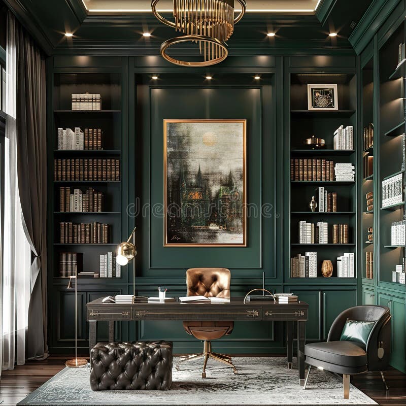 Sophisticated Study with Bookshelves and Dark Green Walls Stock ...