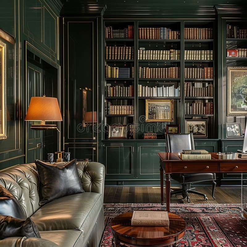 Sophisticated Study with Bookshelves and Dark Green Walls Stock ...