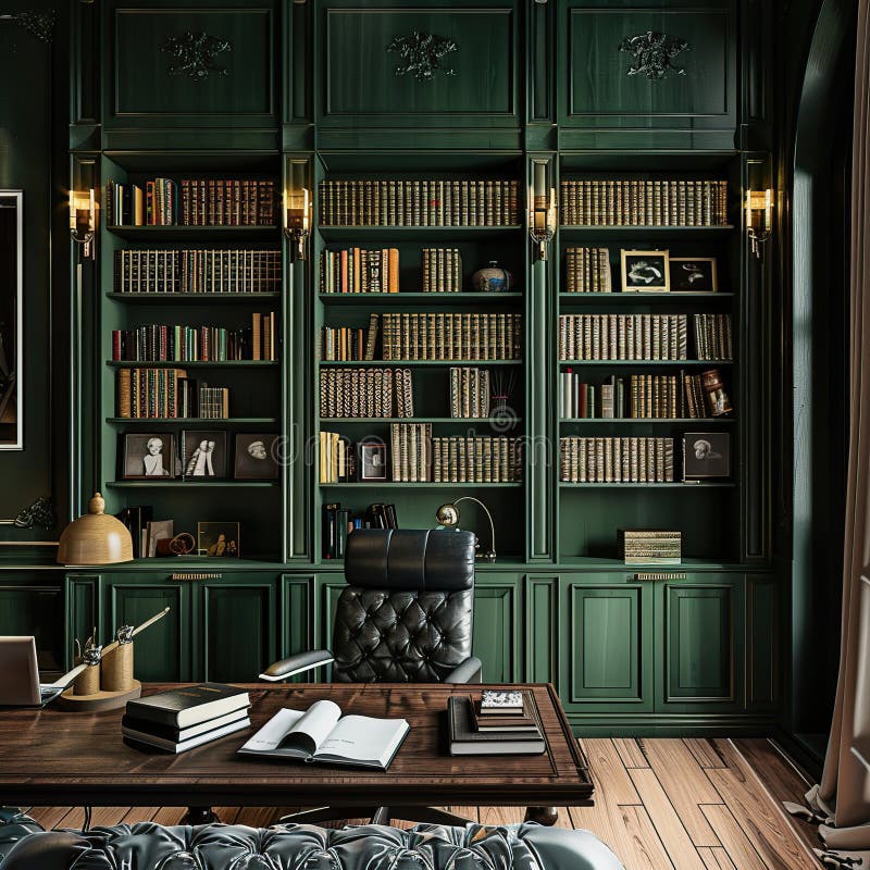 Sophisticated Study with Bookshelves and Dark Green Walls Stock ...