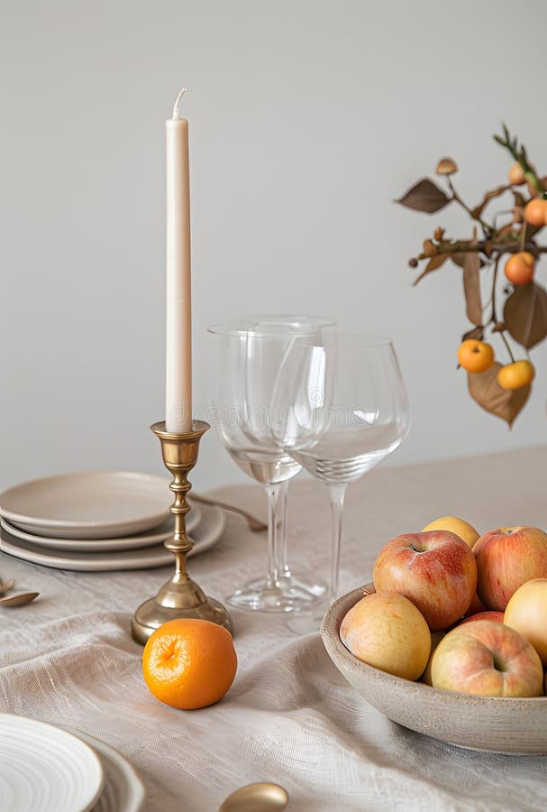Elegant Dinner Table Setting with Fruits and Candle Stock Image - Image ...