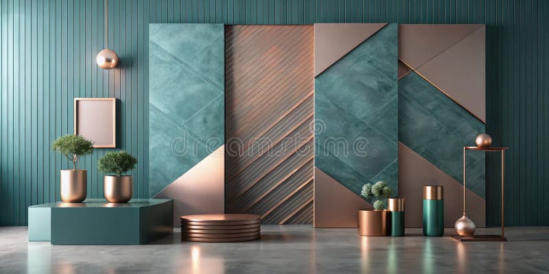 Sophisticated Teal and Copper Interior Design with Geometric Wall ...