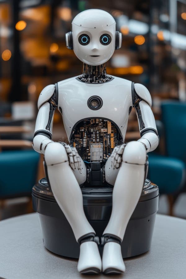 Sophisticated White Humanoid Robot Sitting on a Stool, Advanced ...