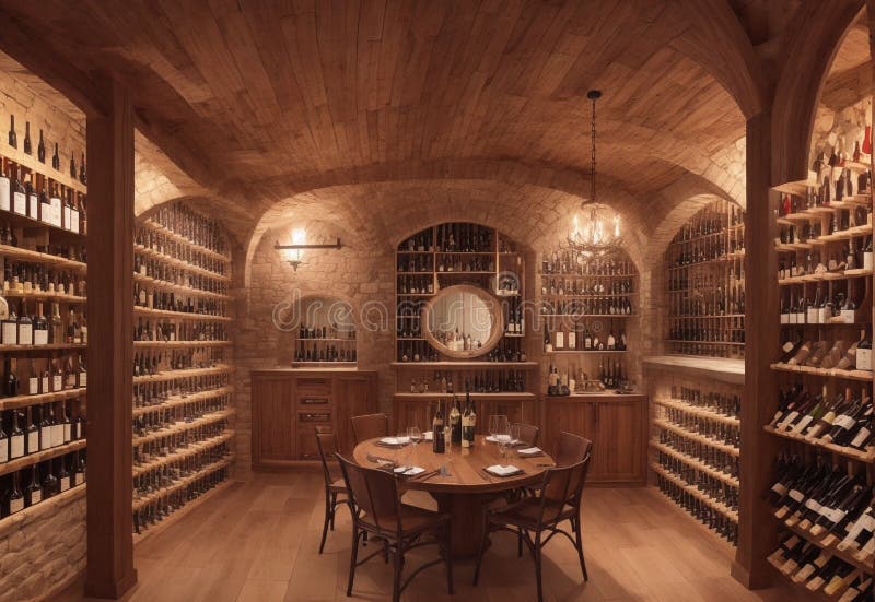 A Sophisticated Wine Cellar with Wooden Racks, Ambient Lighting, and a ...