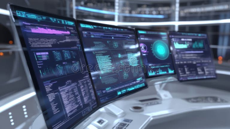 High-tech Workstation with Multiple Screens Displaying Data Analytics ...