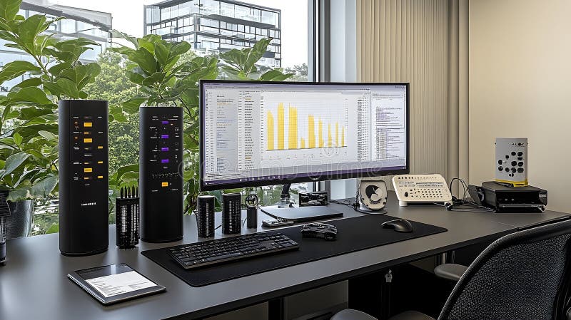 Modern AI-Powered Workspace Stock Illustration - Illustration of data ...