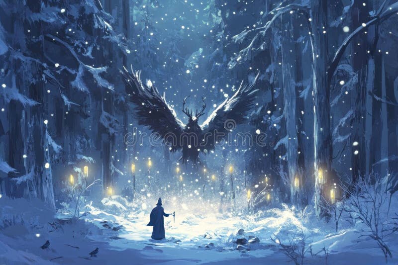 A Sorcerer Conjures a Winged Creature in a Snowy Forest, Magic and ...
