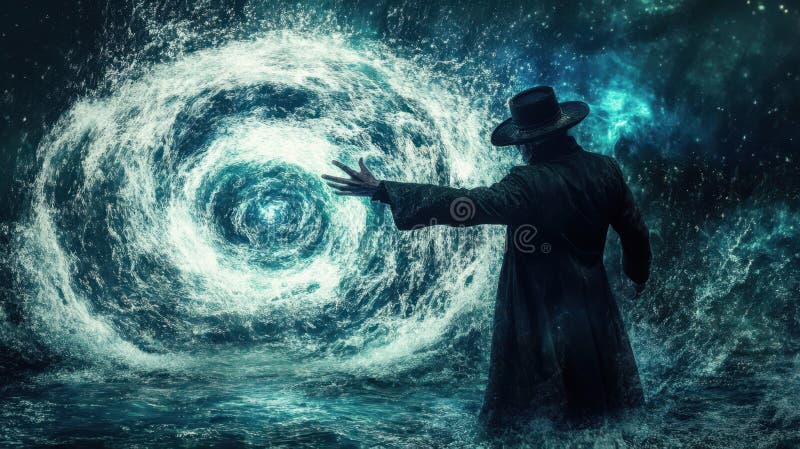 Sorcerer Conjuring Water Vortex in Mystical Backdrop Stock Illustration ...