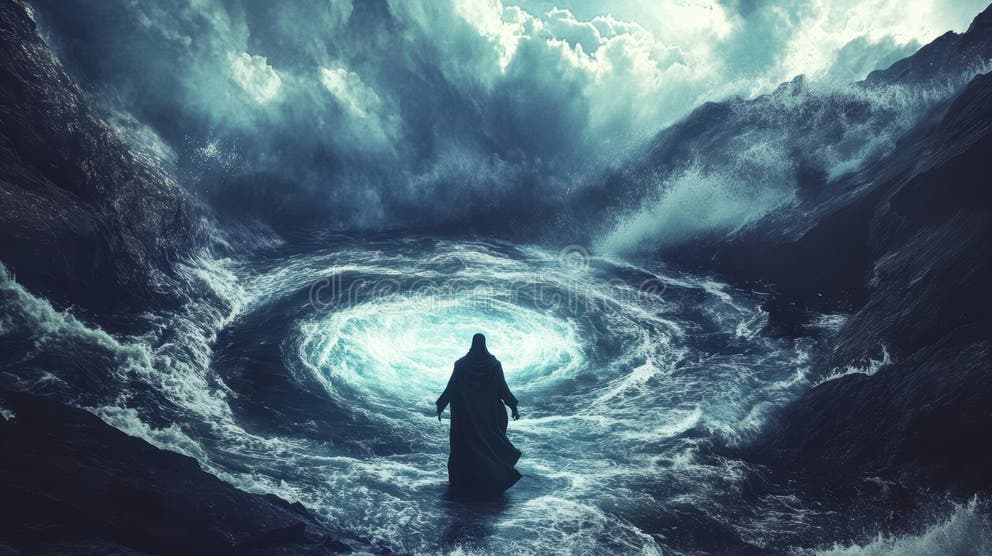 Sorcerer Conjuring Water Vortex in Mystical Backdrop Stock Illustration ...