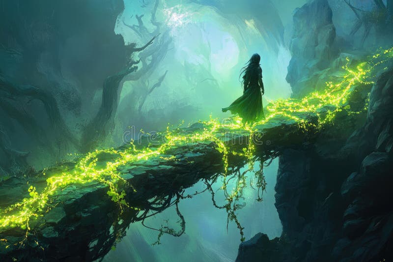 A Sorceress Summoning a Bridge of Glowing Vines Over a Chasm Stock ...