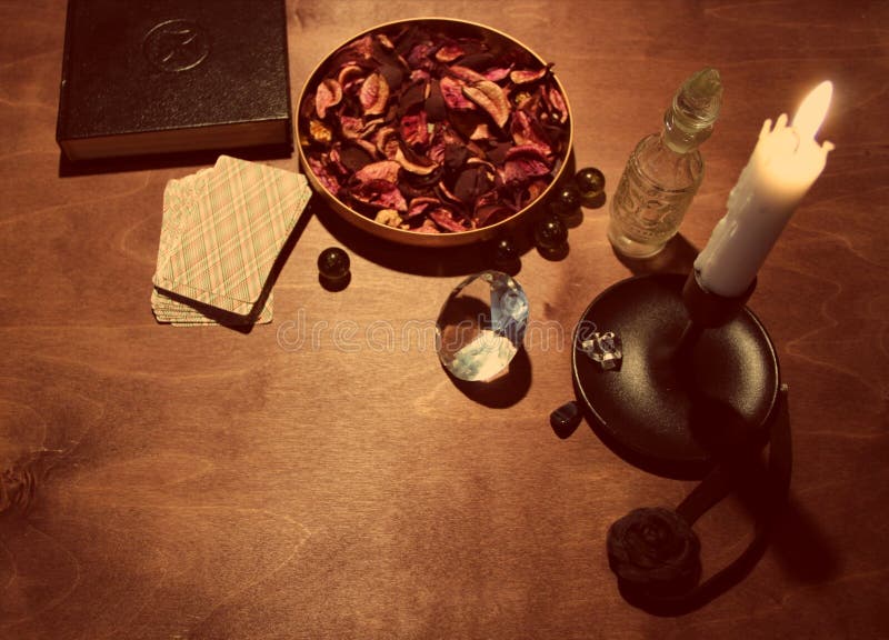 Sorcery. Accessories for Divination. Glass Crystal, Candle on Fire ...