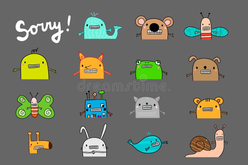 Sorry Hand Drawn Set with Different Animals and Creatures on Grey Font ...