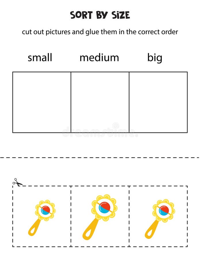 Sort Cartoon Kids Rattle by Size. Educational Worksheet for Kids. Stock ...