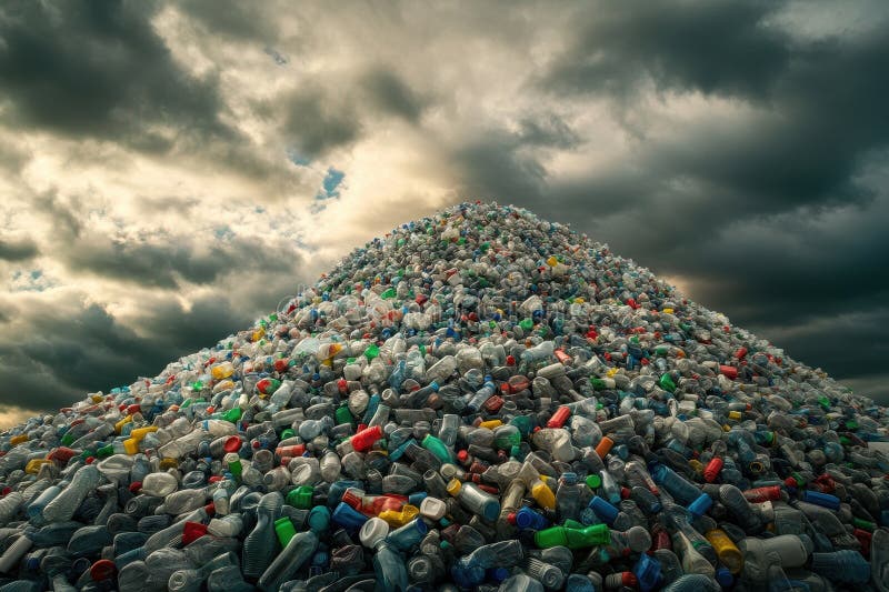 Mountains of Hope Rise from Discarded Plastic Bottles Against a Dramatic Backdrop of Stormy ...