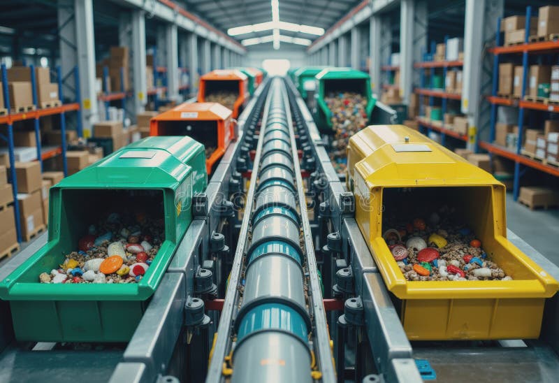 Sorting Chutes and Bins on Conveyor Belt in a Warehouse Setting Stock ...