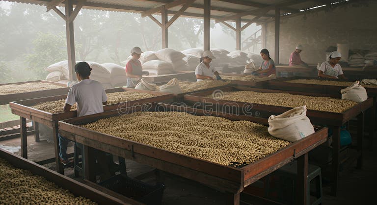 Sorting Coffee Beans at a Farm Workers Inspecting Quality in Processing Stock Illustration ...