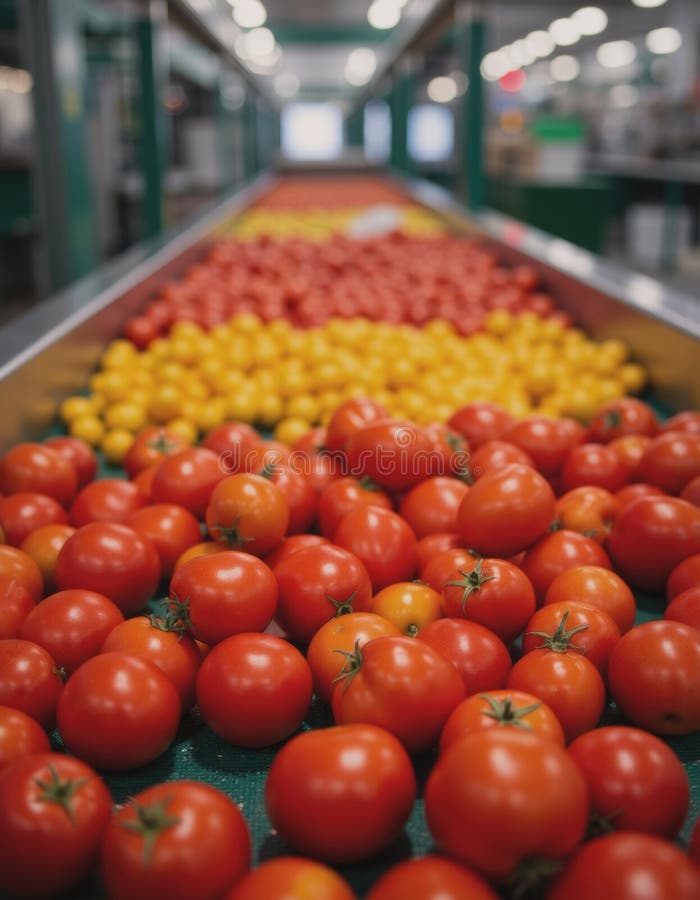 Sorting Fresh Tomatoes in a Processing Facility, Showcasing Vibrant ...