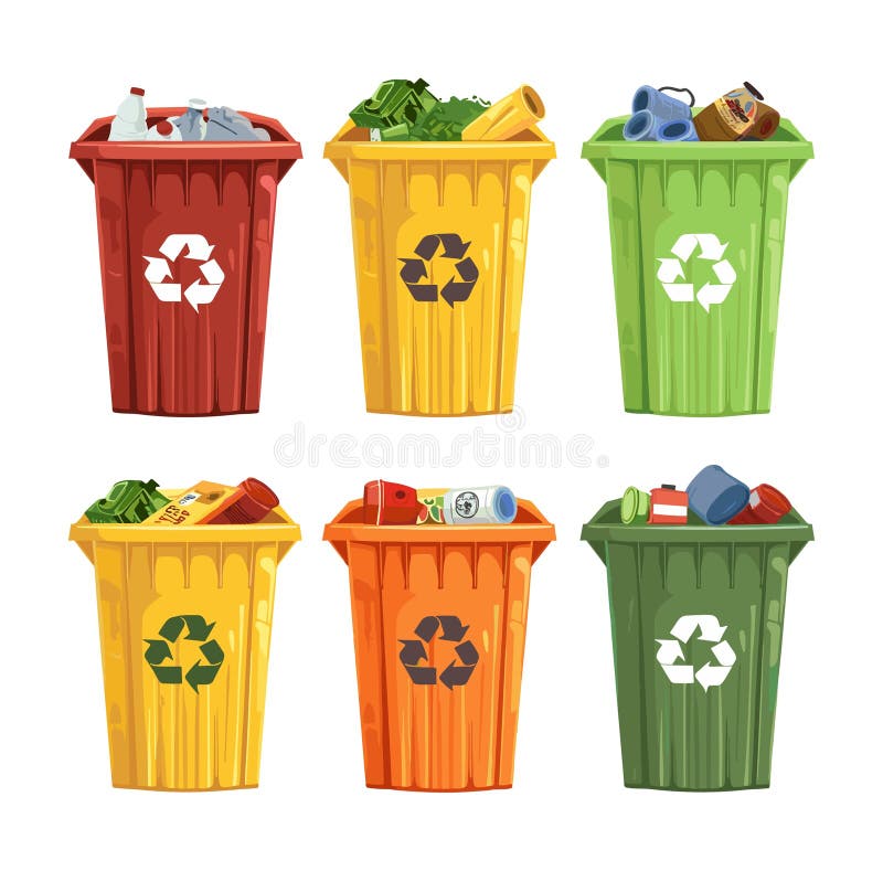 Sorting Garbage Containers Cartoon Vector Set. Plastic Food Paper Glass ...