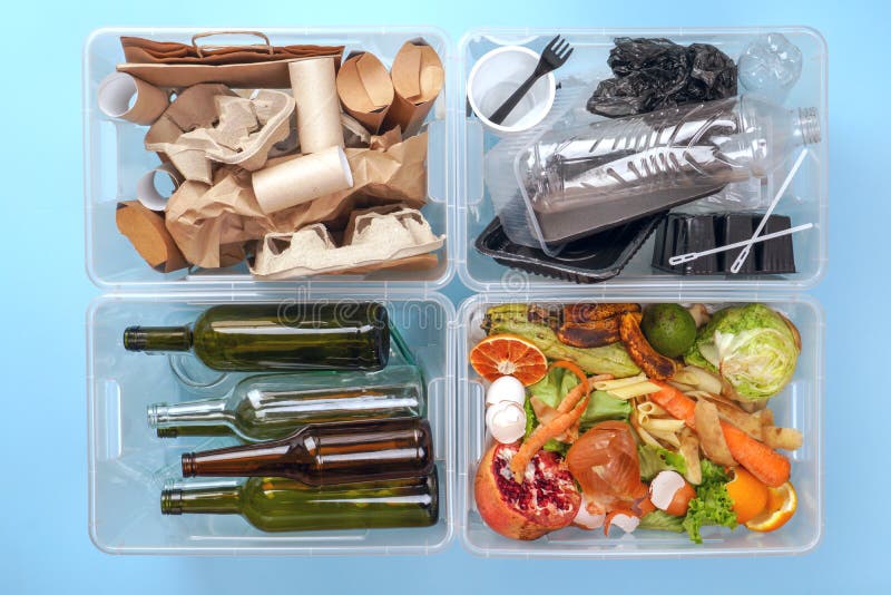 Sorting Garbage. Four Transparent Containers with Trash on a Blue ...