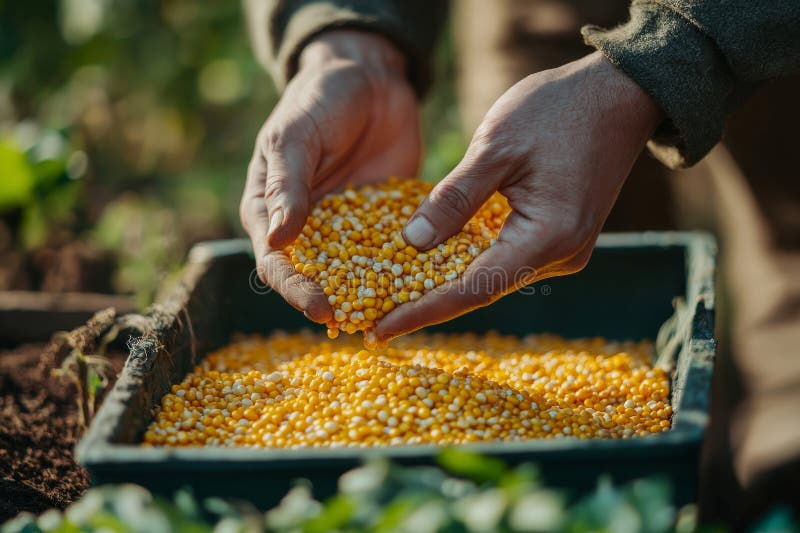 Sorting and Piling Corn Seeds by Hand in a Spring Vegetable Garden a ...
