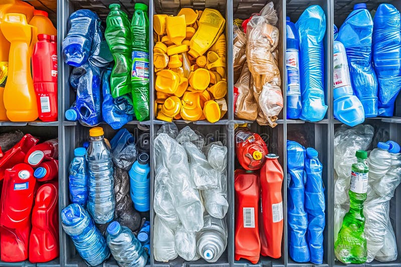 Sorting of Plastic Bottles and Containers in Colorful Recycling Bins ...