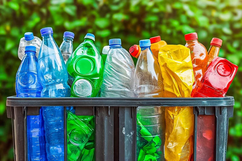 Sorting of Plastic Bottles and Containers in Colorful Recycling Bins ...
