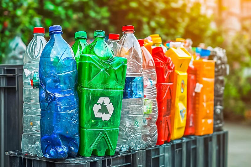 Sorting of Plastic Bottles and Containers in Colorful Recycling Bins ...
