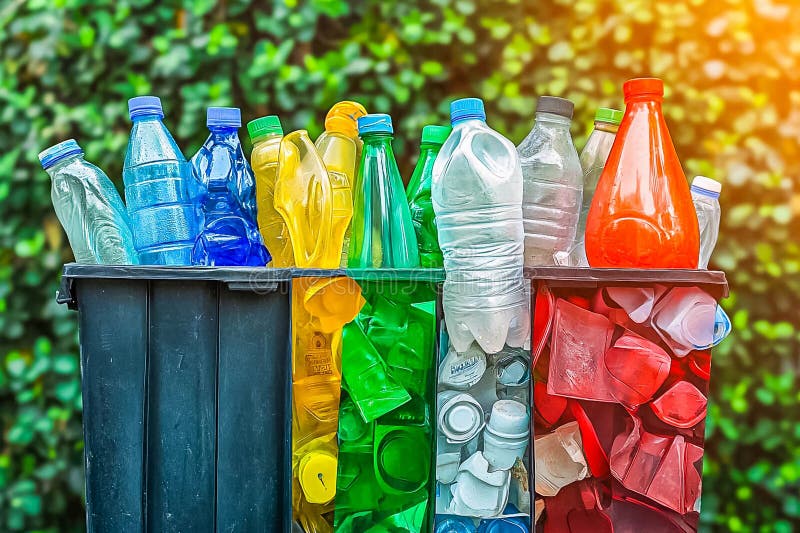 Sorting of Plastic Bottles and Containers in Colorful Recycling Bins ...