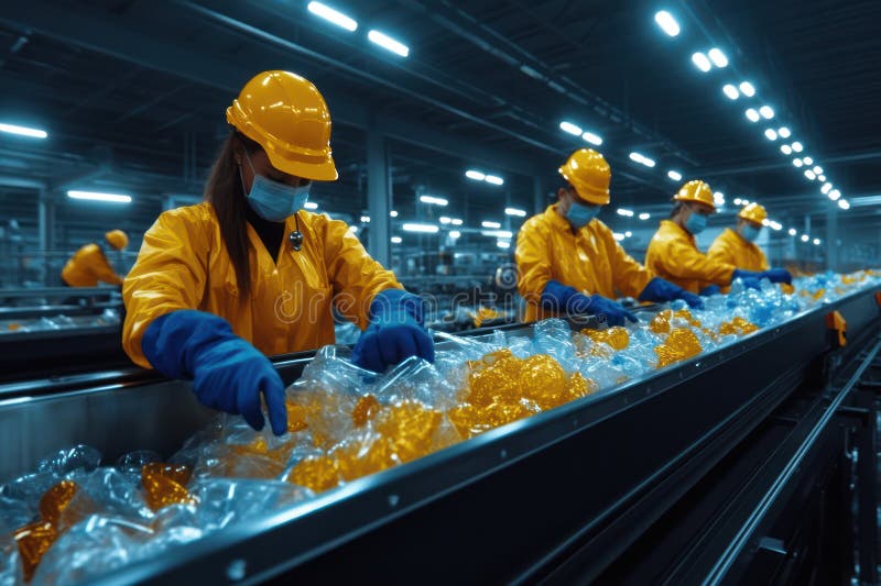 Sorting Plastic Waste: Workers in Protective Gear Sorting Garbage on ...