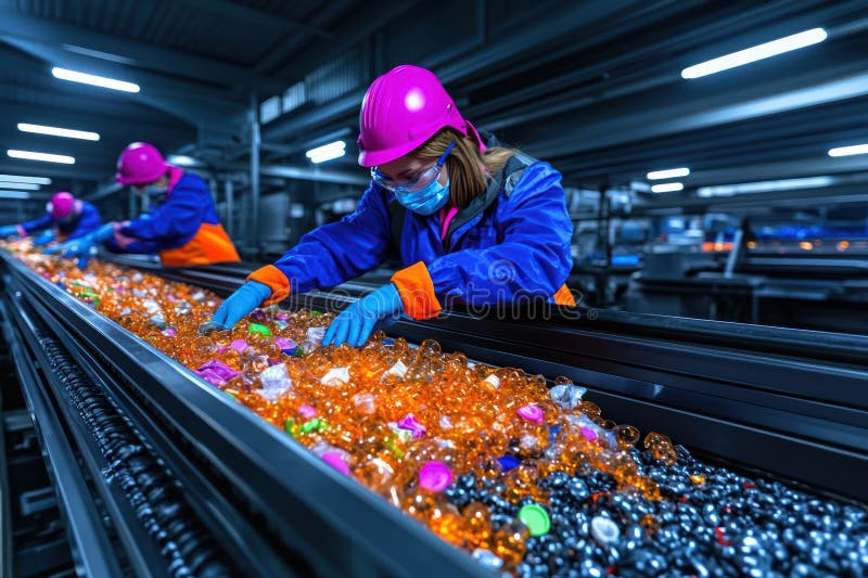 Sorting Plastic Waste: Workers in Protective Gear Sorting Garbage on ...