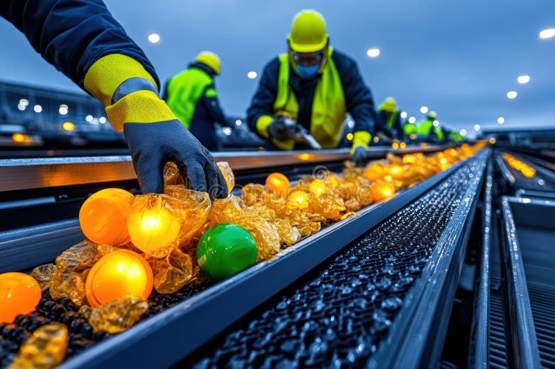 Sorting Plastic Waste: Workers in Protective Gear Sorting Garbage on ...