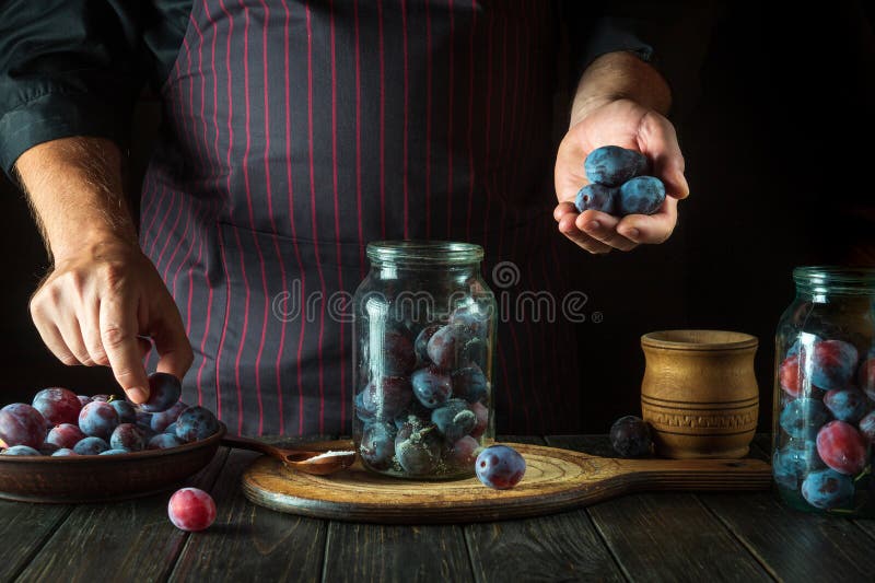Sorting Plums by the Chef Hands. Cooking Sweet Jam from Fresh Plum and ...