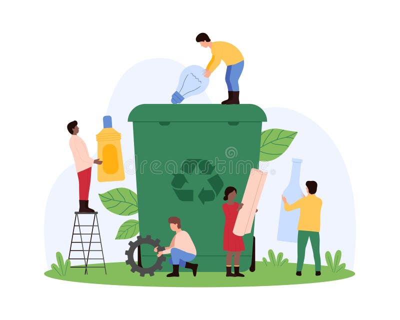 Sorting Recycling Waste, Tiny People Throw Garbage into Trash Container ...