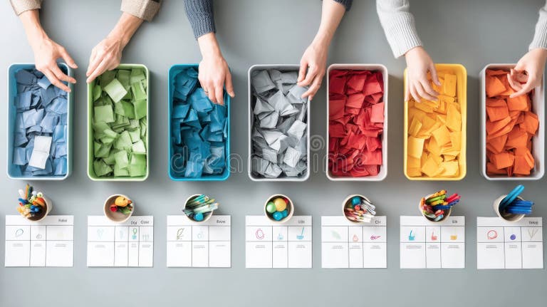 Sorting Trash into Labeled Bins on a Clean Table in an Organized and ...