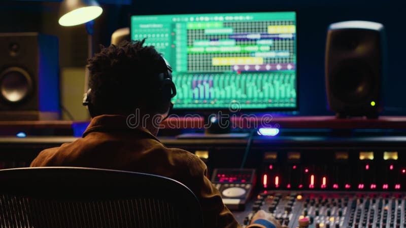 Sound Designer Editing Tracks by Adjusting Volume Levels with Panel ...