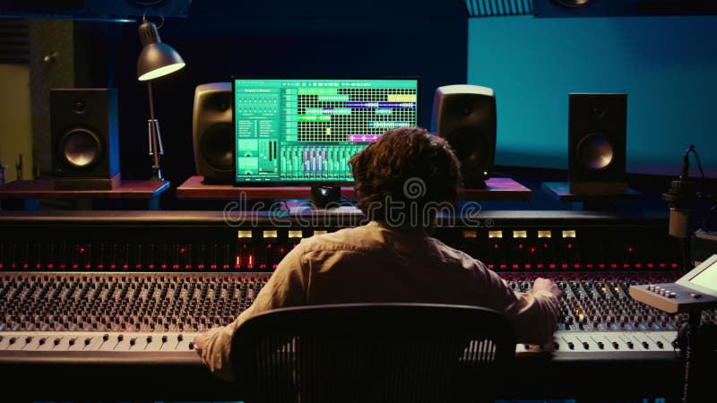Sound Designer Mixing and Mastering Tracks on Audio Console in Control ...
