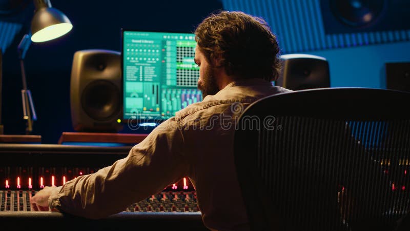 Sound Designer Mixing and Mastering Tracks on Audio Console in Control ...