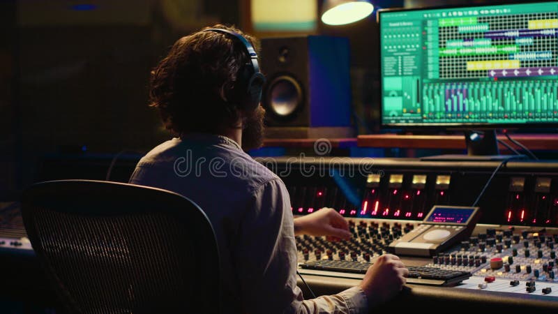 Audio Designer Leveling Sound on a Mixer Control Desk Stock Footage ...