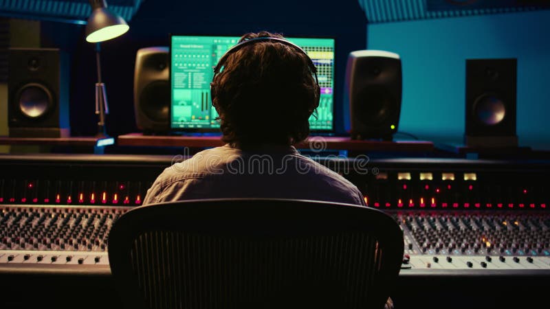 Audio Designer Leveling Sound on a Mixer Control Desk Stock Footage ...
