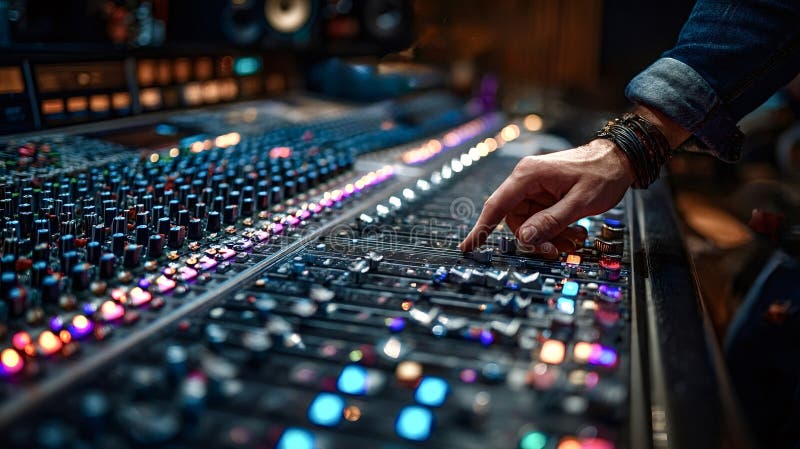 Sound Engineer Adjusting Controls on Audio Mixing Console in Recording ...