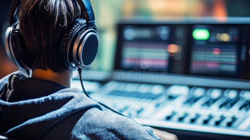 Sound Engineer in Headphones Focused on Audio Mixing on a Control Panel ...