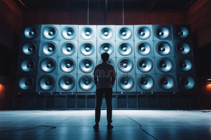 Sound Engineer Looking at a Giant Wall of Speakers in a Recording ...
