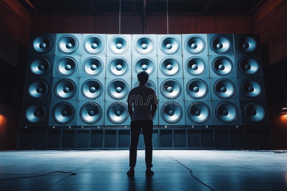 Sound Engineer Looking at a Giant Wall of Speakers in a Recording ...