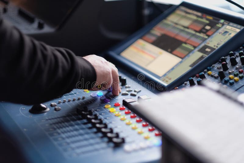 The Sound Engineer`s Hands on the Mixing Console Stock Image - Image of ...