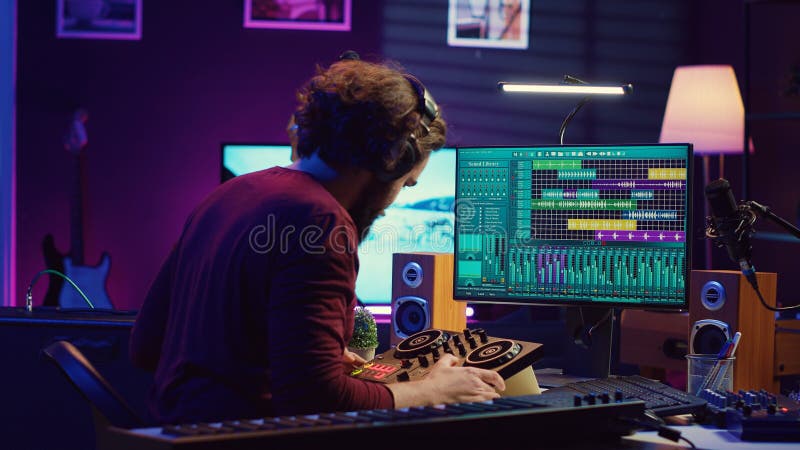 Sound Engineer Synchronizing Video and Audio Tracks in His Home Studio ...