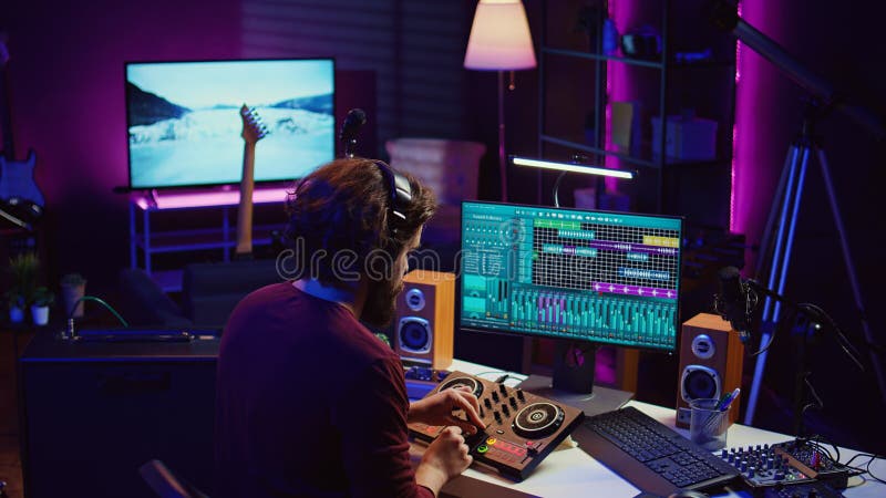 Sound Engineer Synchronizing Video and Audio Tracks in His Home Studio ...
