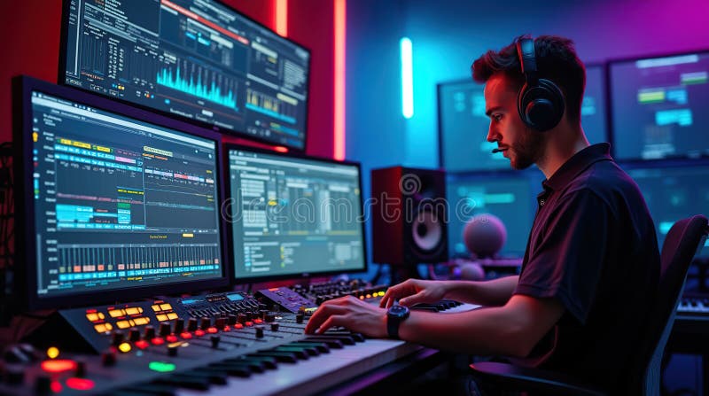 Sound Engineer Working in a High-Tech Recording Studio Environment ...