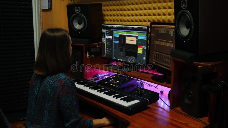 Sound Engineer Working at Home Music Studio with Monitors and Equalizer ...