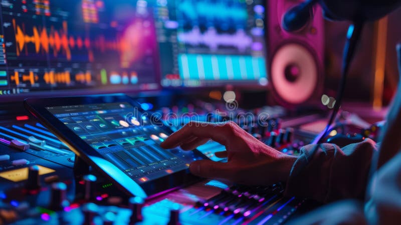 Sound Engineer Working on a Mixing Console with Glowing Screens ...